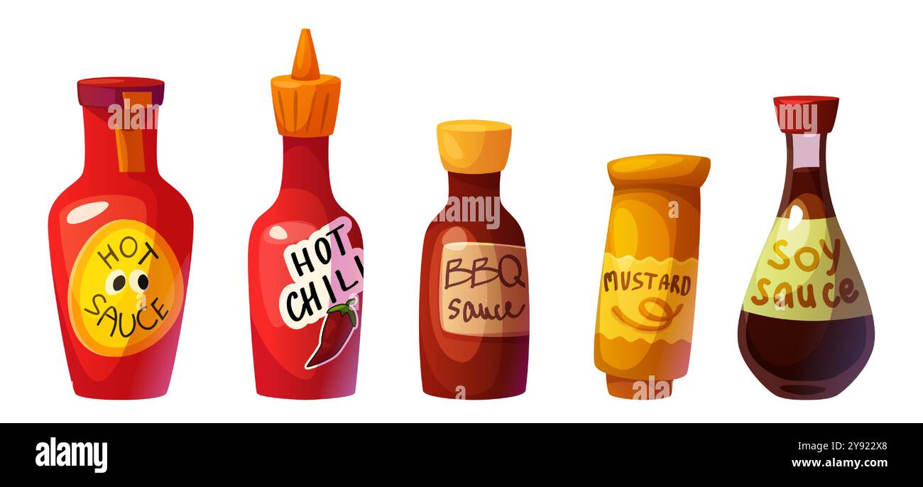 Sauce in plastic and glass bottle. Cartoon vector illustration set of ...