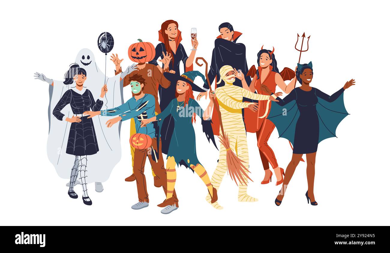 Group of friends in scary Halloween costumes illustration Stock Vector ...