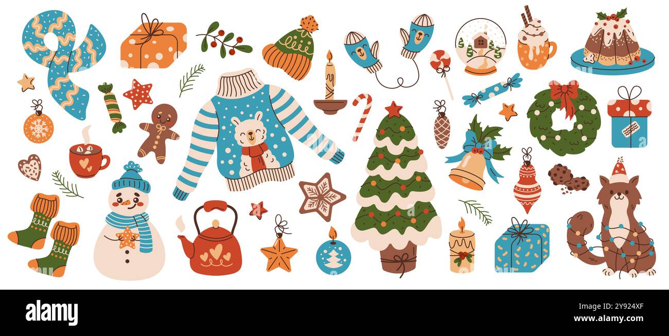 Christmas season festive symbols flat color vector objects Stock Vector ...