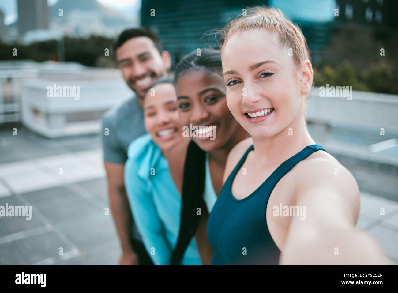 Portrait, fitness and selfie of happy group outdoor for teamwork ...