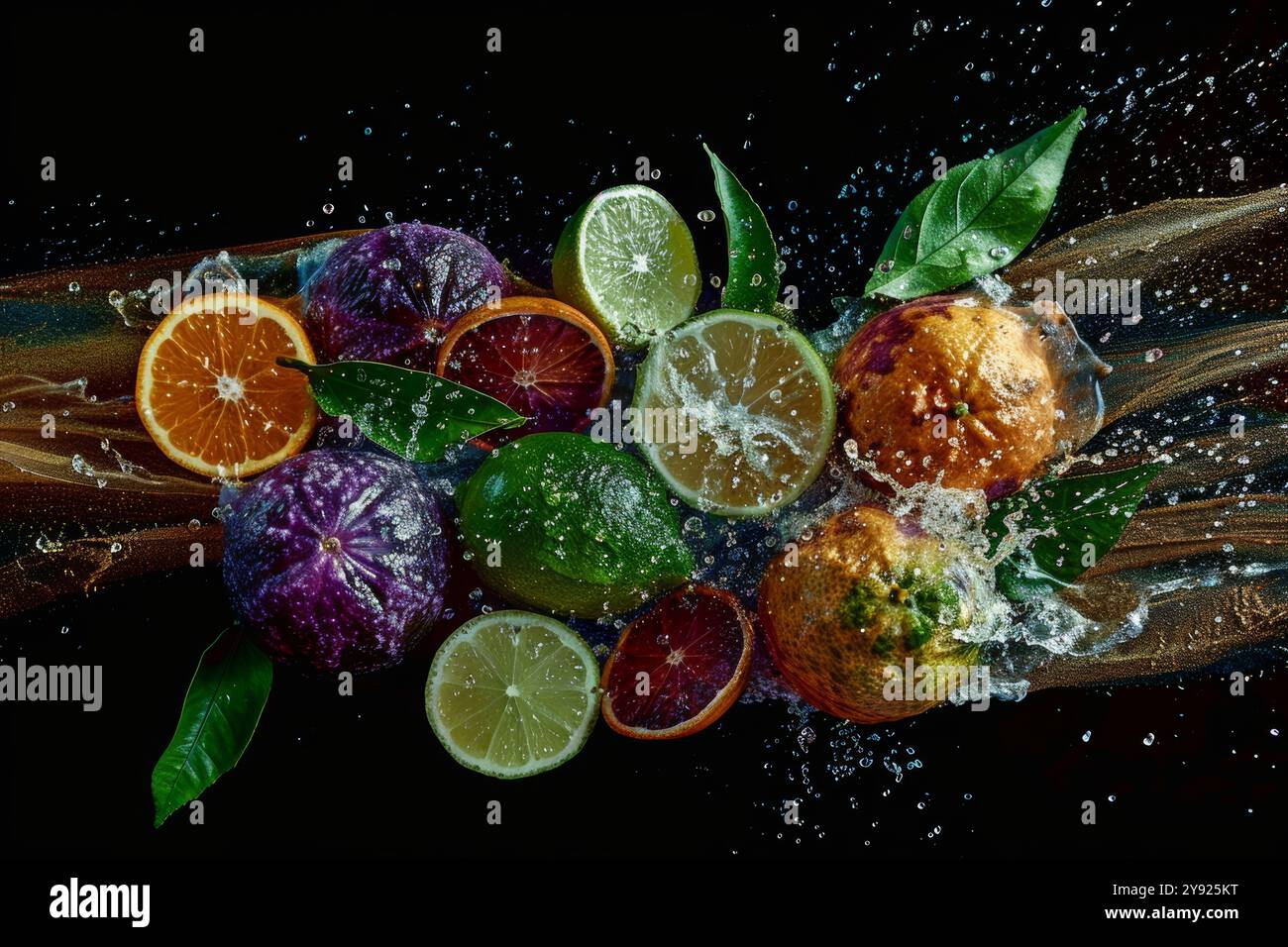 Fresh citrus fruits with water splashes on a simple black background ...