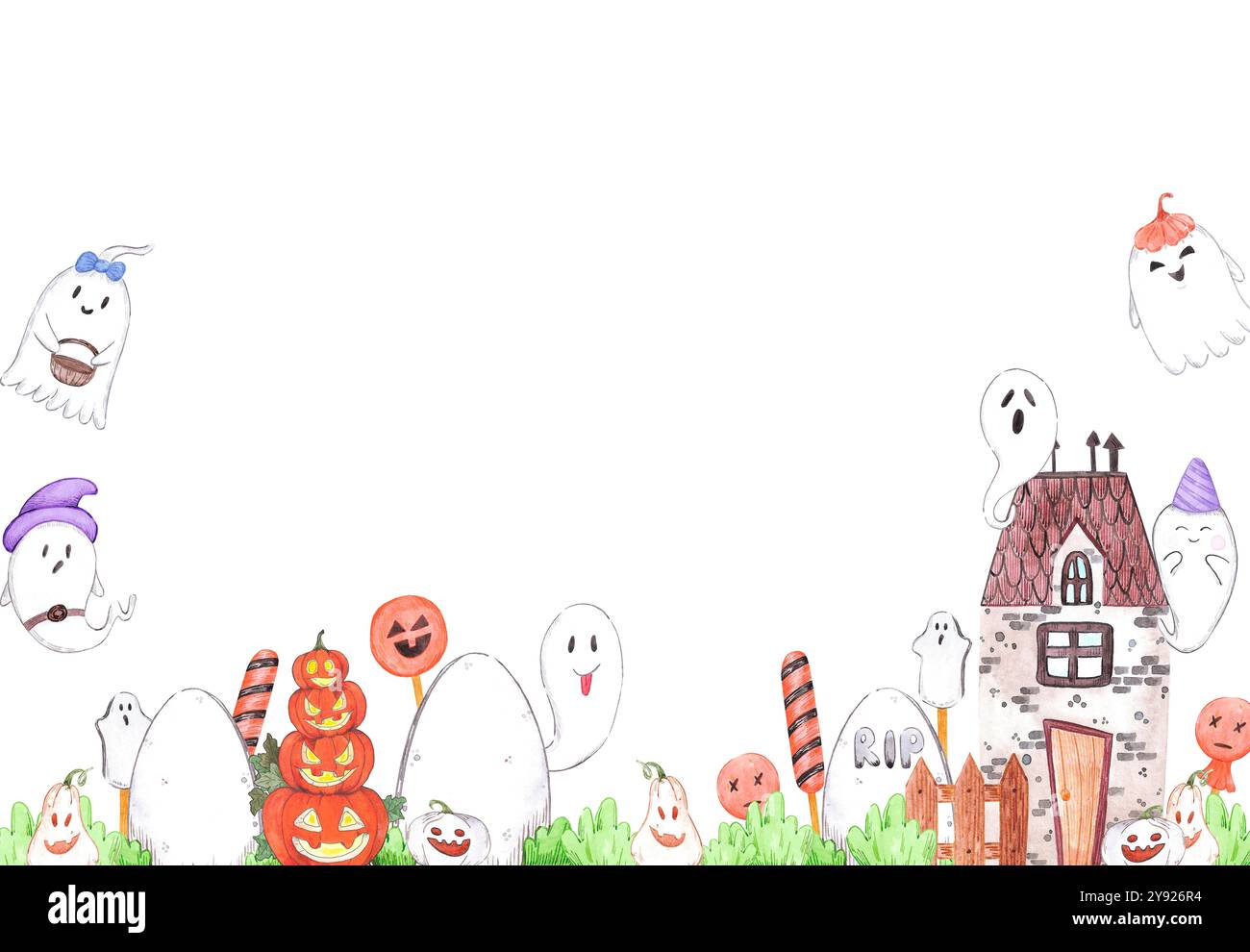 Hand drawn watercolor Halloween ghosts and haunted house frame border ...