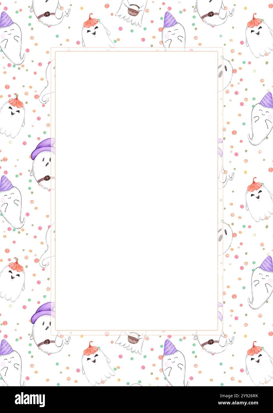 Hand drawn watercolor Halloween ghosts and dots frame border isolated ...