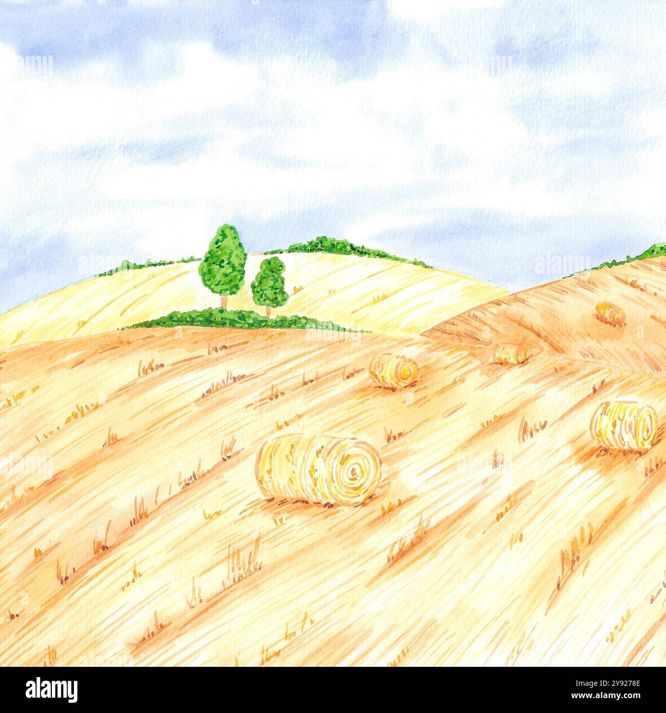 Hand drawn watercolor landscape with dry fields and blue sky isolated ...