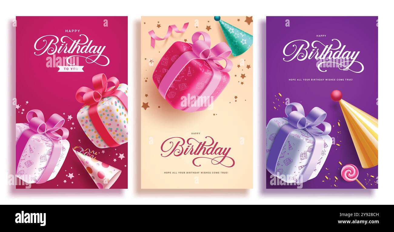 Happy birthday greeting vector poster set design. Birthday invitation card with colorful gift ...