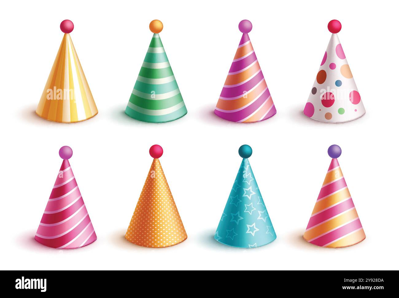 Birthday party hat vector set design. Birthday cone shape colorful cap ...