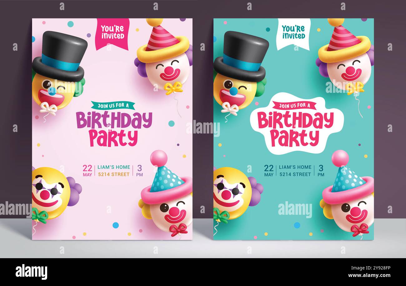 Birthday invitation card clown vector set design. Clown balloons ...