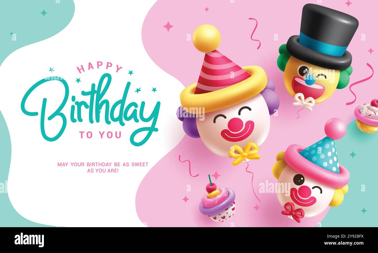 Happy birthday greeting vector design. Birthday clown balloons ...