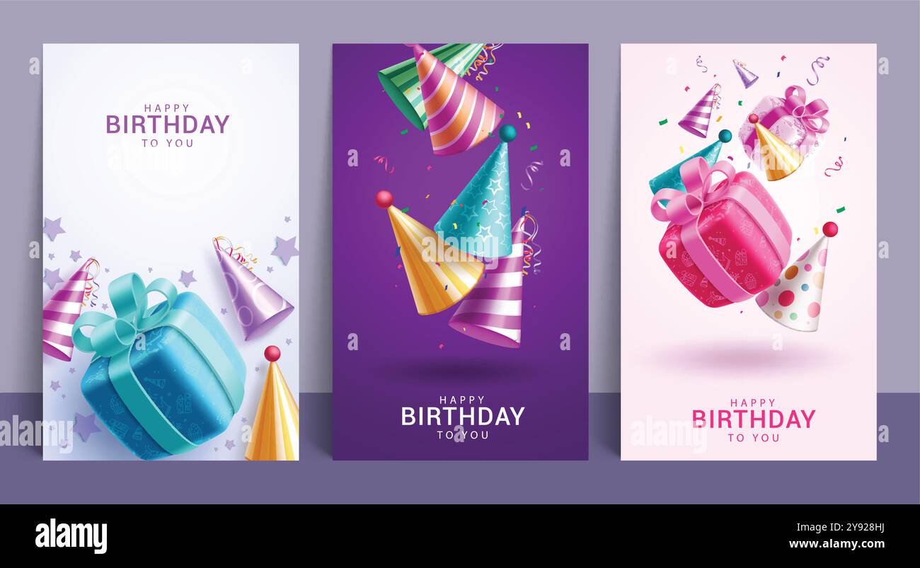 Happy birthday greeting vector set poster design. Birthday invitation ...