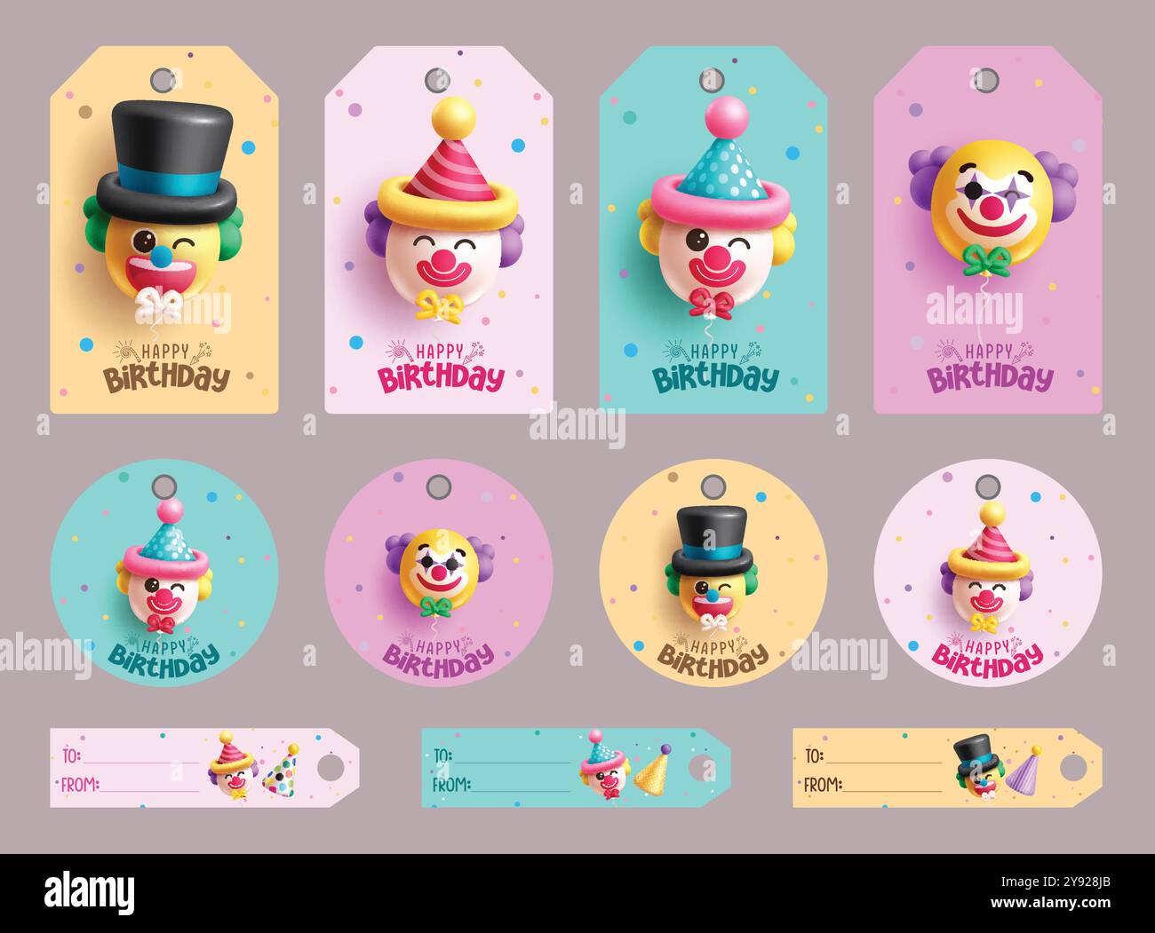 Birthday clown gift tags vector set design. Birthday card with clown ...