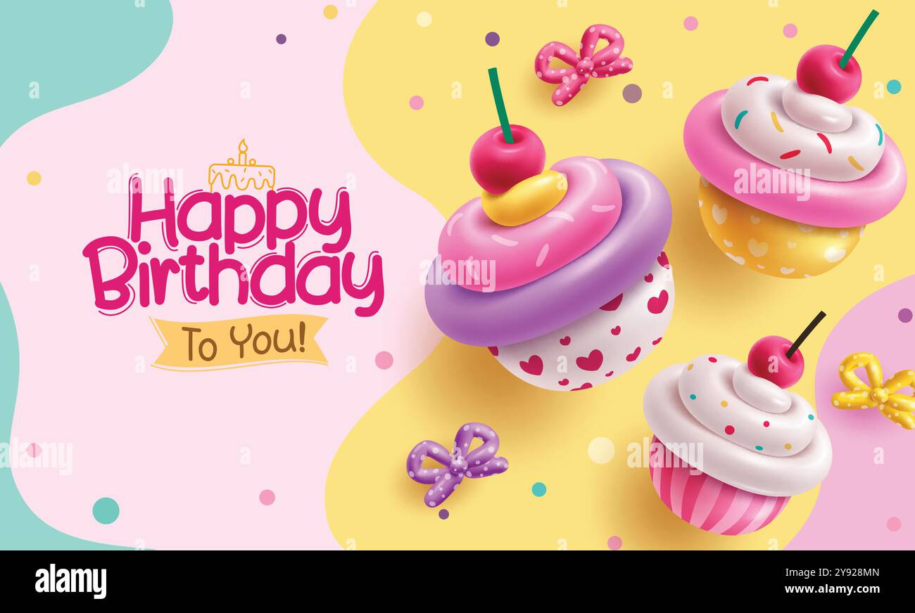 Happy birthday greeting vector design. Birthday cup cake balloons ...