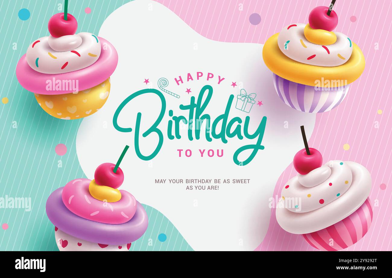 Happy birthday greeting vector template. Birthday greeting text with cup cake inflatable ...