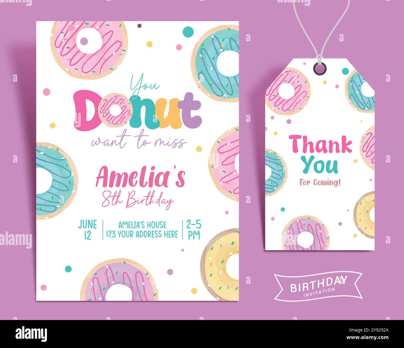Birthday girl invitation card vector template design. Donut birthday ...
