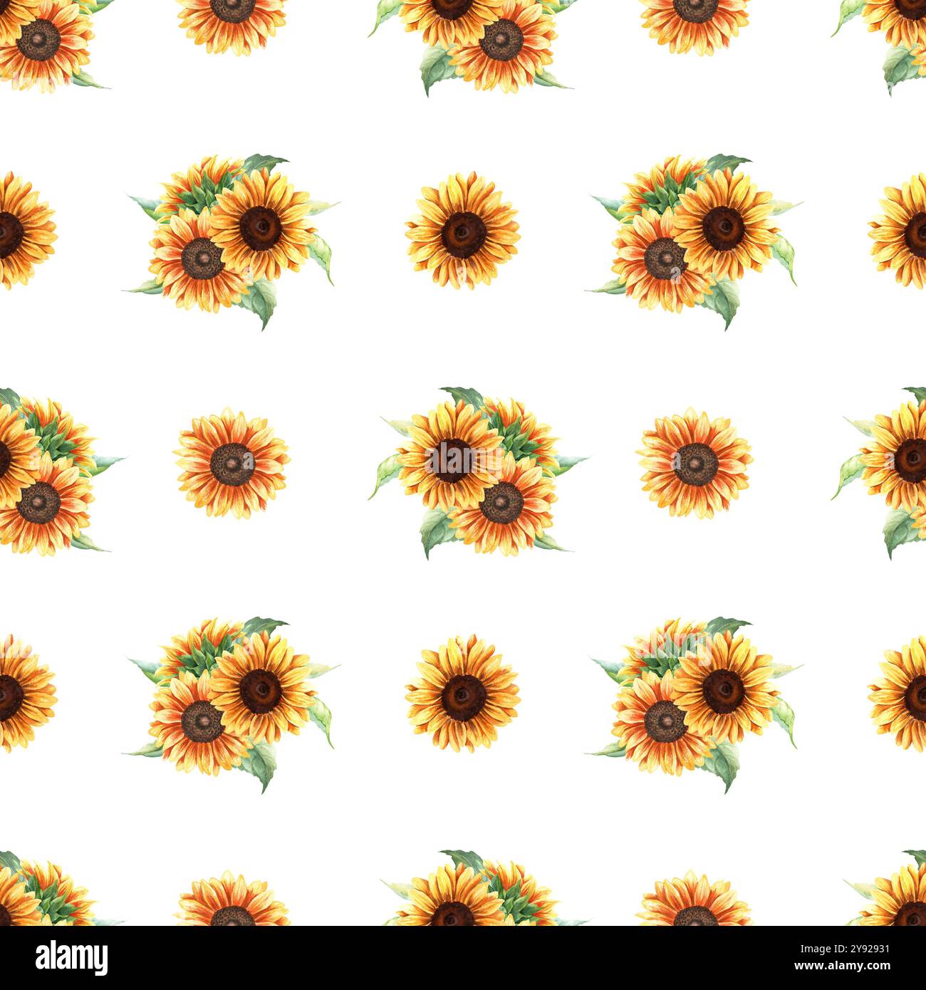 Watercolor seamless, repeat pattern with sunflowers. Hand drawn ...