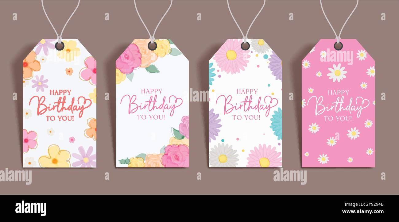 Birthday flowers gift tags vector set design. Happy birthday greeting ...