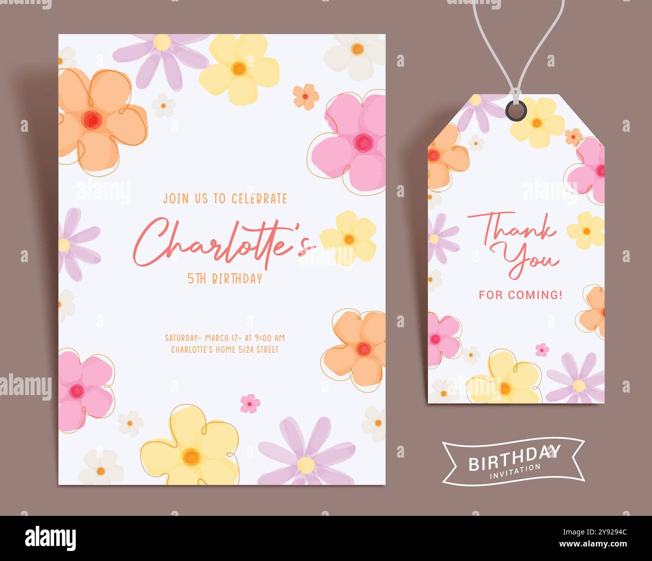 Birthday girl invitation card vector template. Flowers invitation and ...
