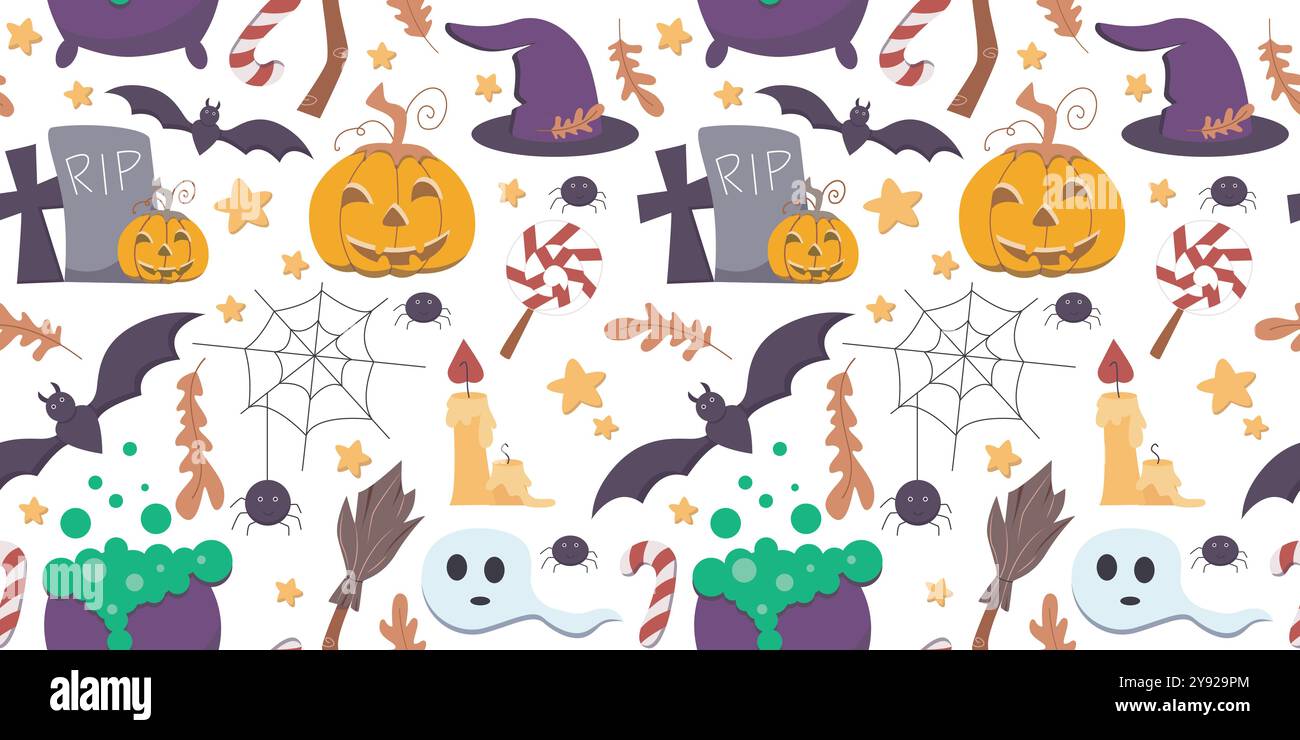 Halloween seamless pattern. Themed background with pumpkin, witch hat ...