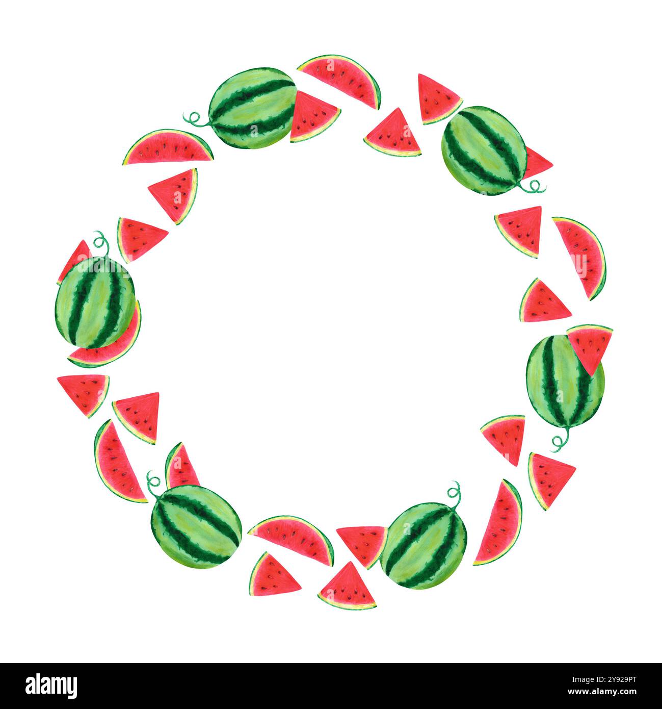 Hand drawn watercolor watermelon with slices frame border isolated on ...