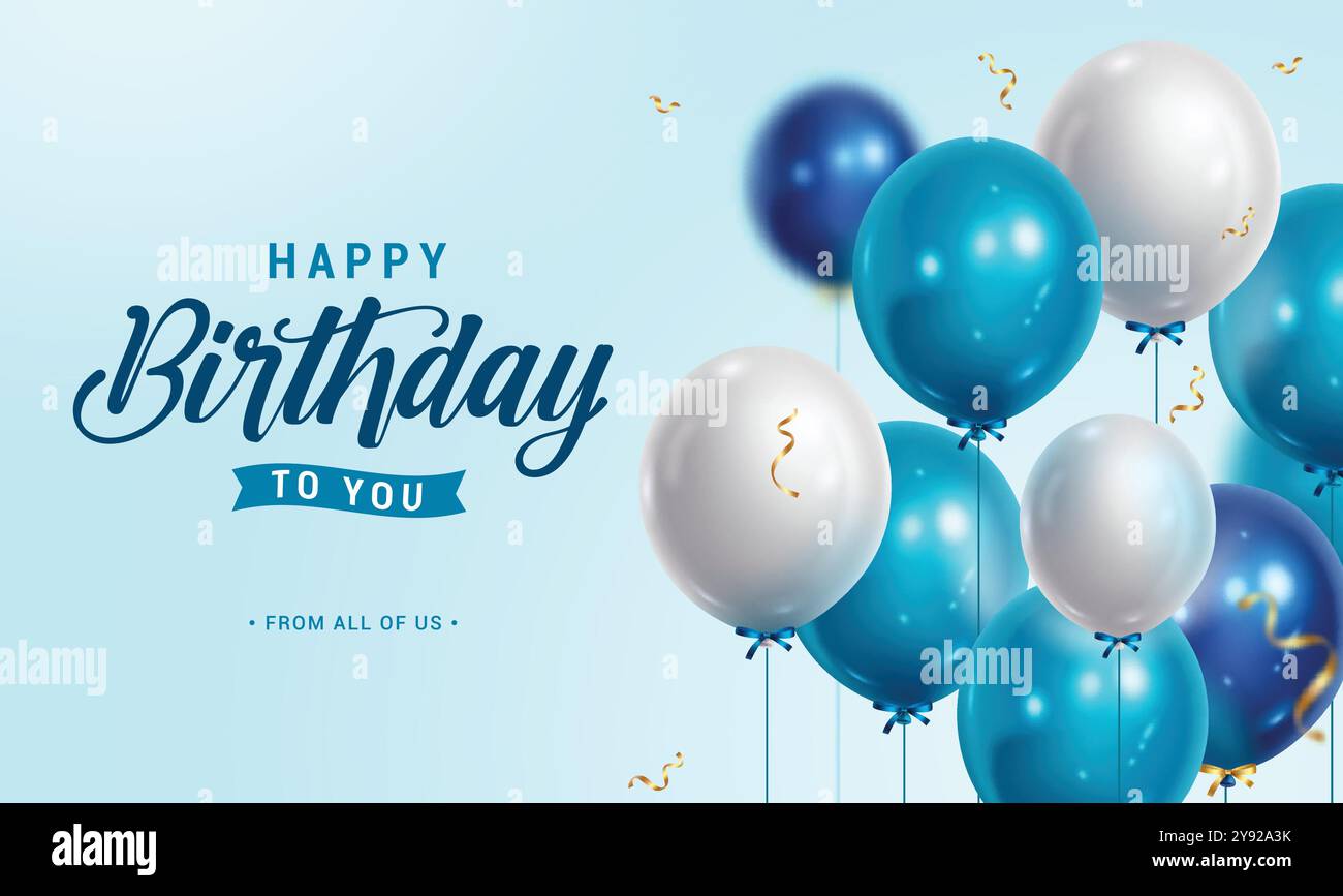 Happy birthday greeting vector design. Birthday greeting text with blue and white inflatable ...