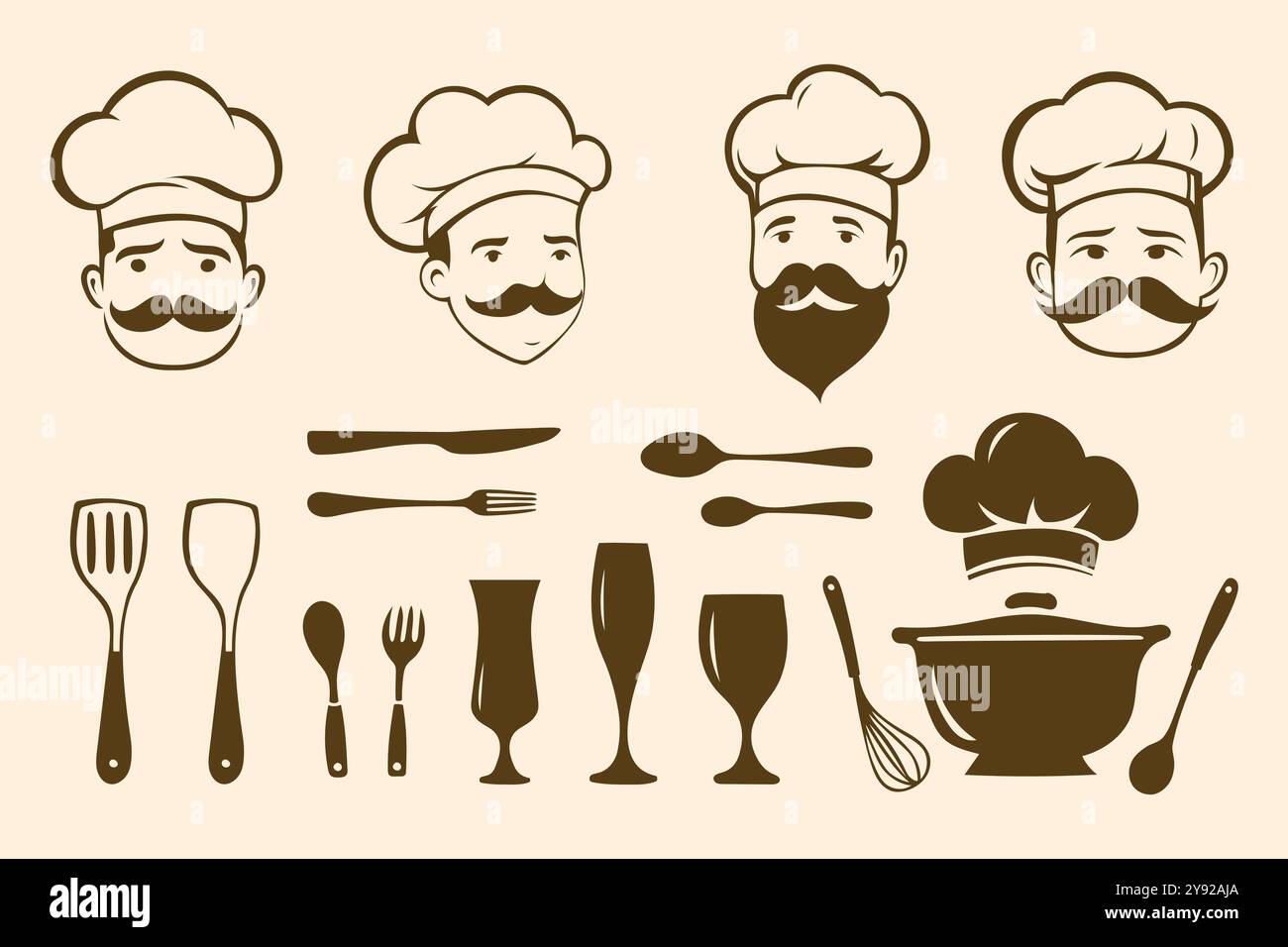 An illustration featuring chef's faces and kitchenware utensils in a ...