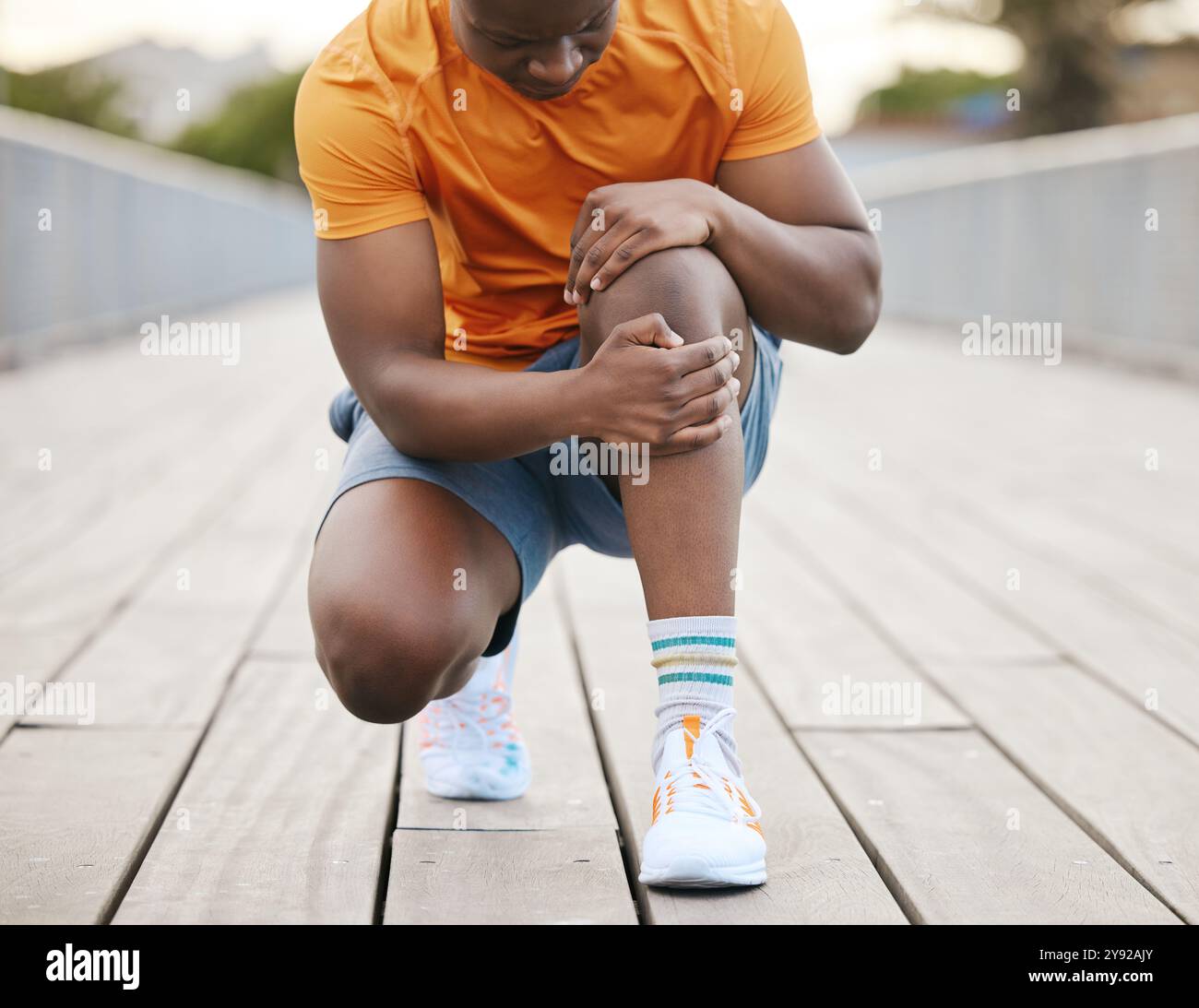 Runner, man and hands with knee pain outdoors for sports injury ...