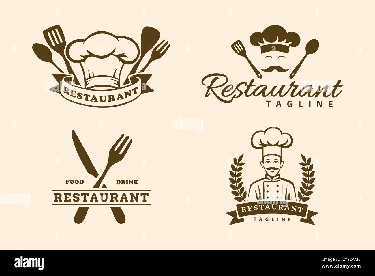 Four vintage restaurant logos featuring chefs, kitchen utensils, and ...