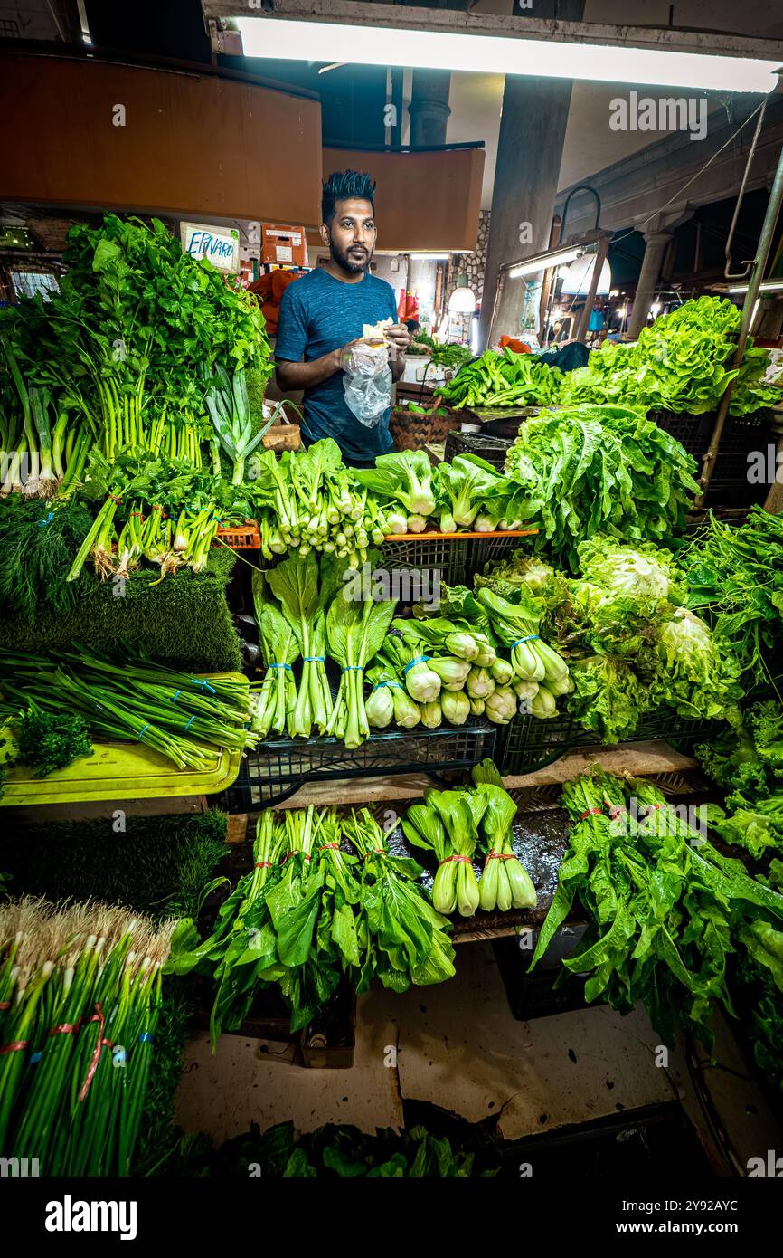 Beautiful, colorful view of a merchant displaying and selling green ...