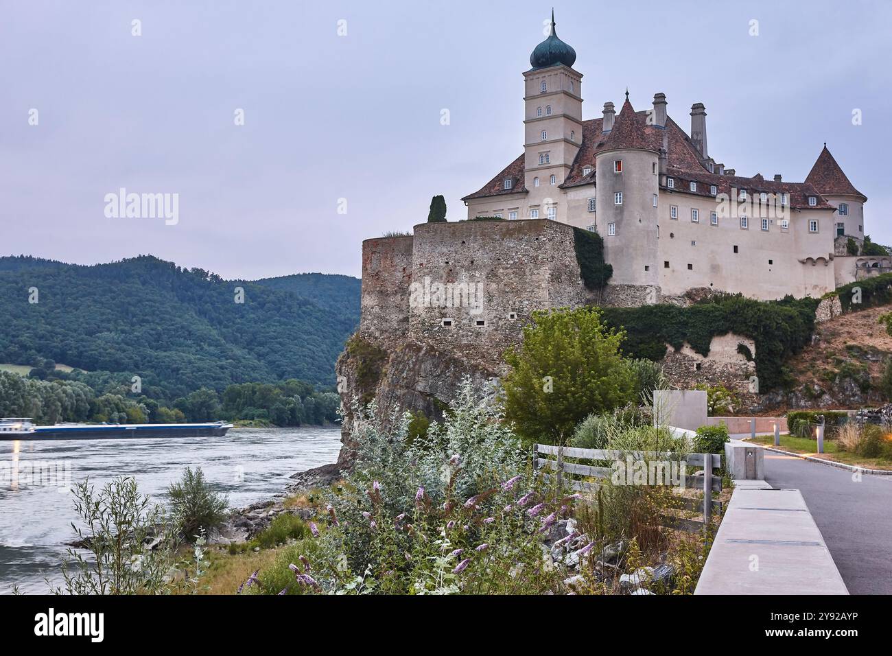 Austrian fortress. Danube river in Wachau river. Schloss Schonbuhel ...
