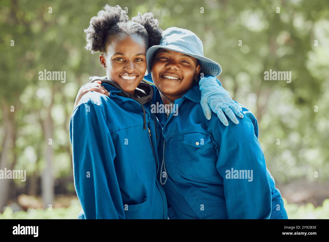 Happy, portrait or black women with hug on farm for agriculture ...