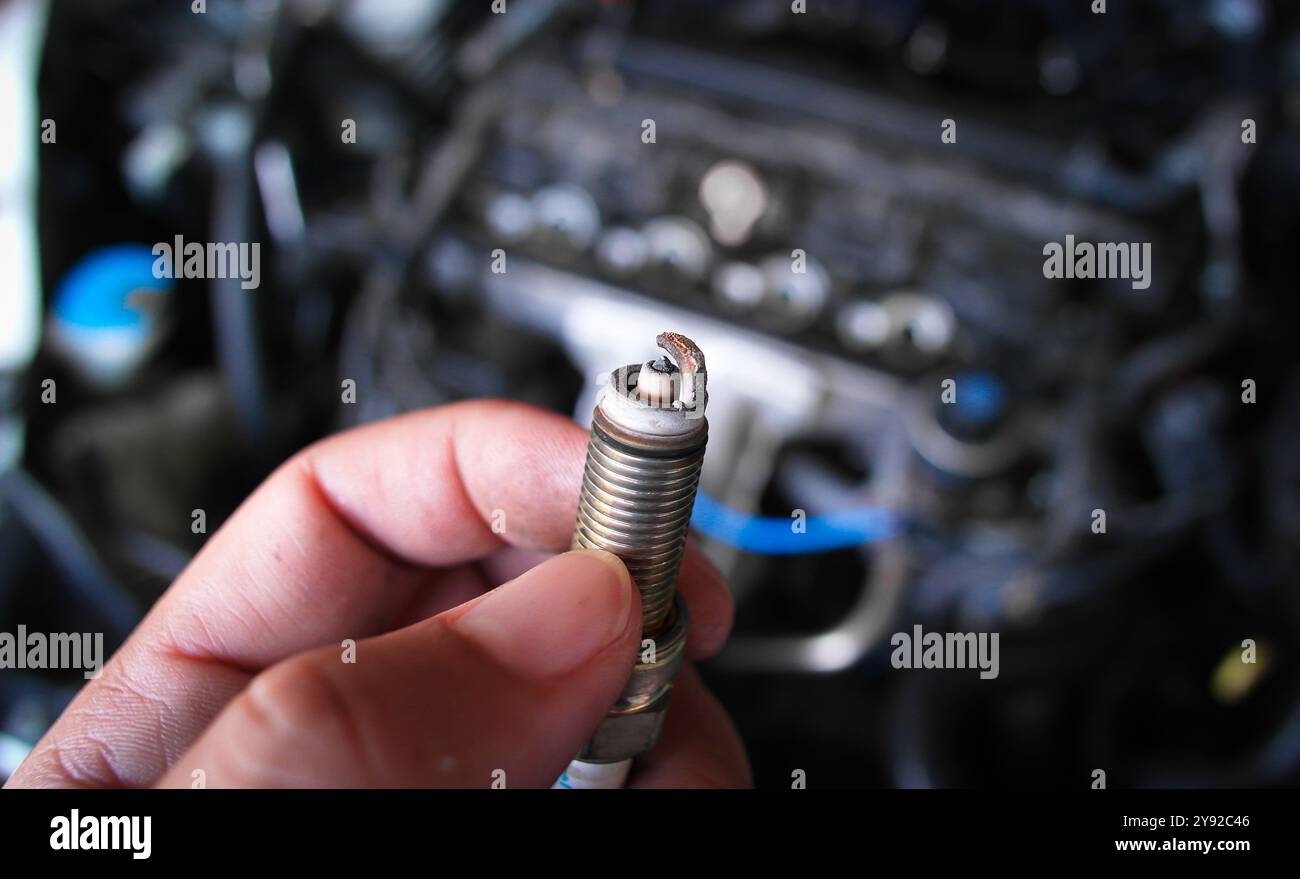 Dirty and damaged spark plugs , close up of old spark plugs of car ...