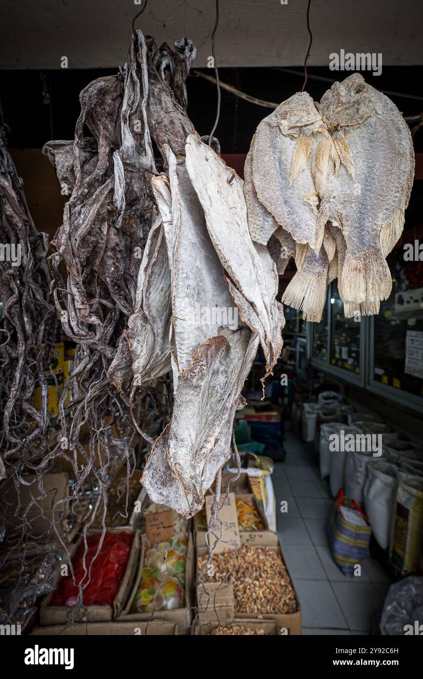 Great view of dried and salted octopus and fish hanging from the ...