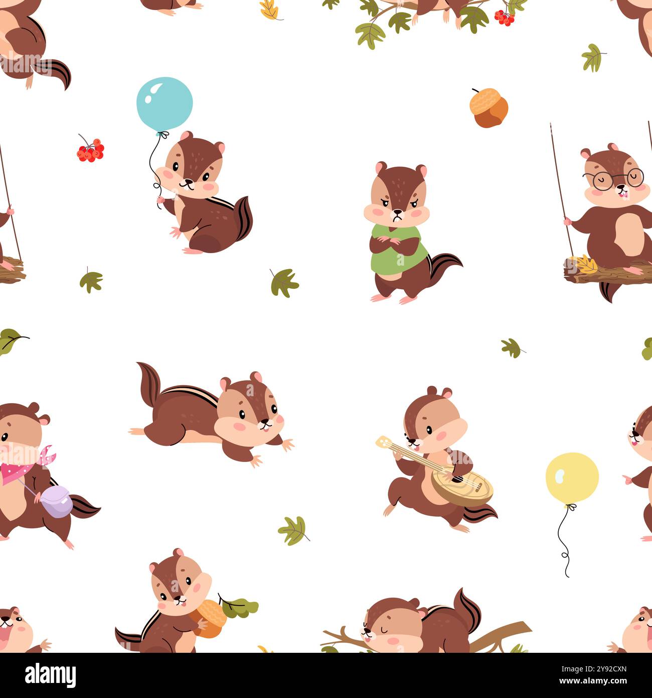 Cute cartoon chipmunks seamless pattern. Chipmunk with leaf, balloon ...