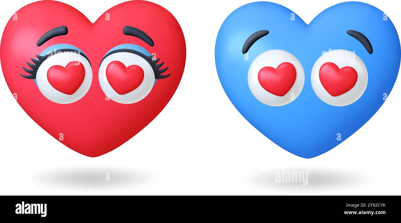 Hearts face 3d icons. Blue red face with big cartoon eyes with heart ...
