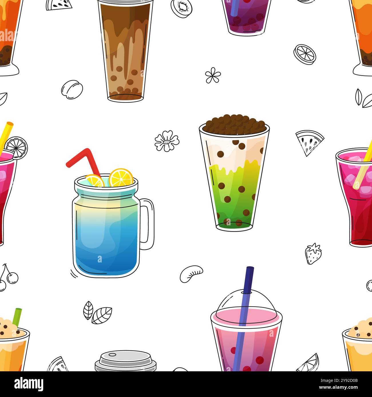 Sweet drinks cocktails seamless pattern. Bubble tea, coffee tonic ...