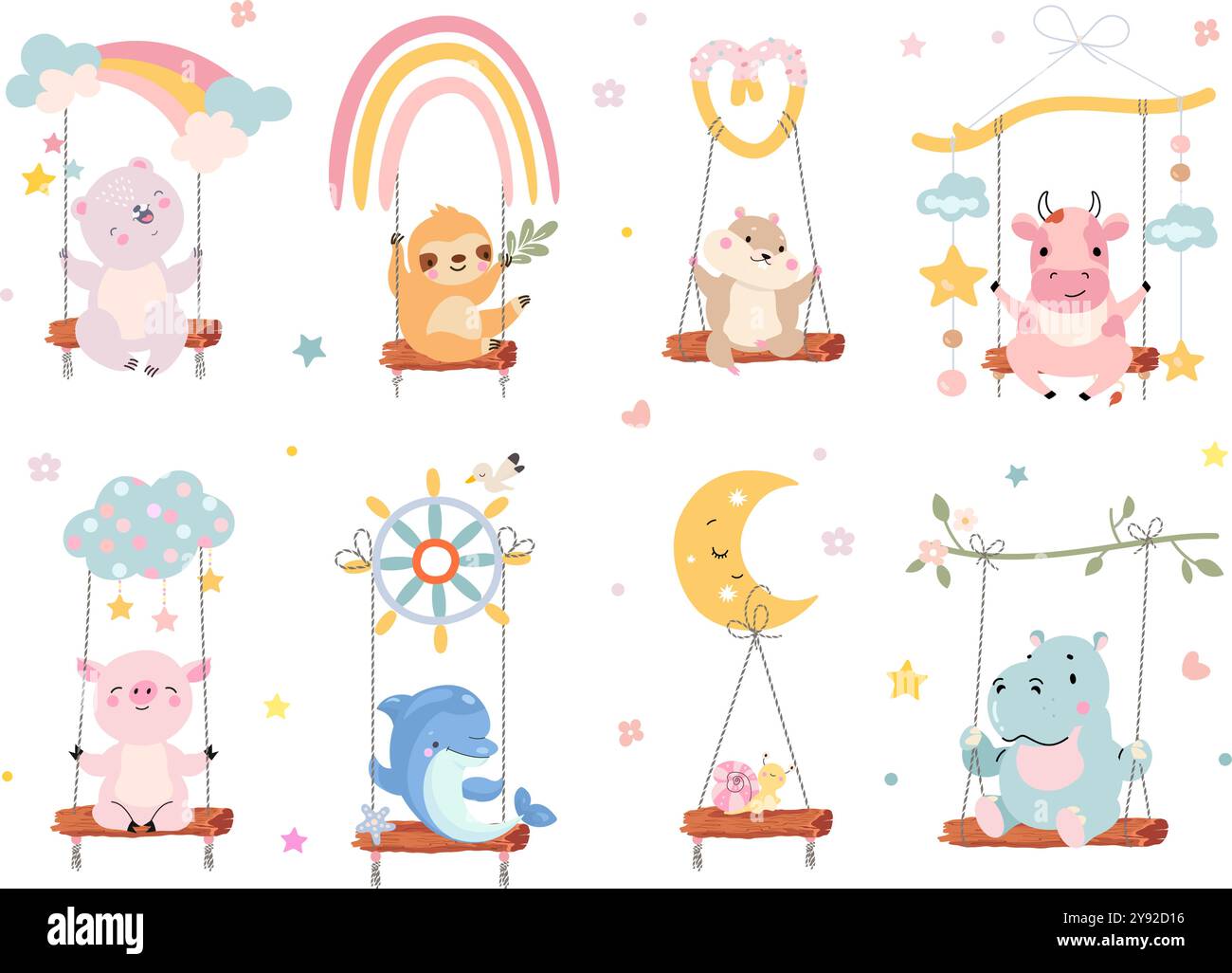 Cartoon animals on swings. Bear pig dolphin hippo snail hamster and ...