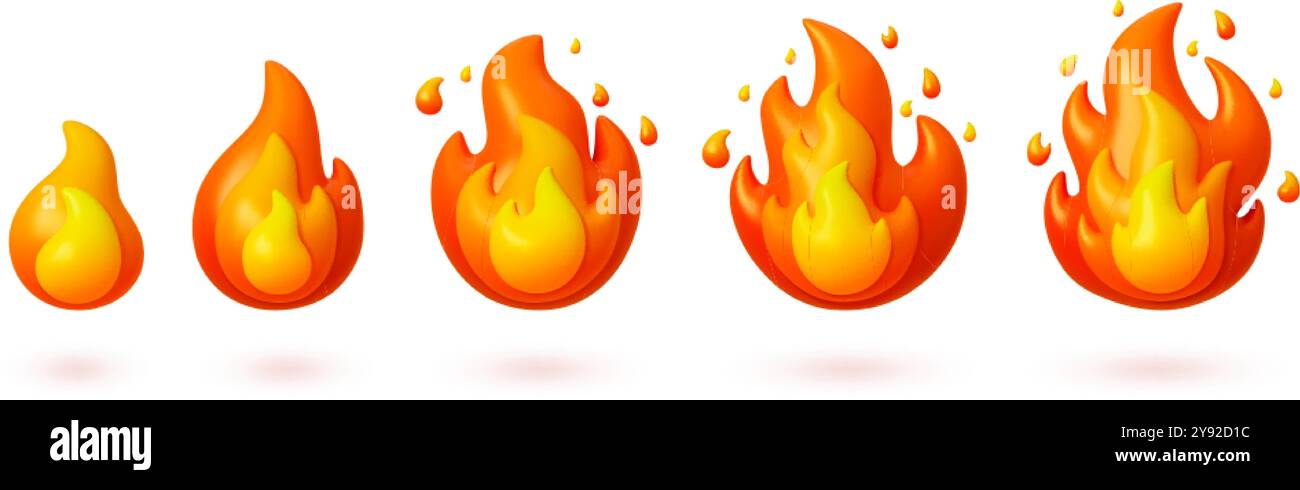 3d fire flames. Fires flares up step by step. Gas power symbols, lights ...