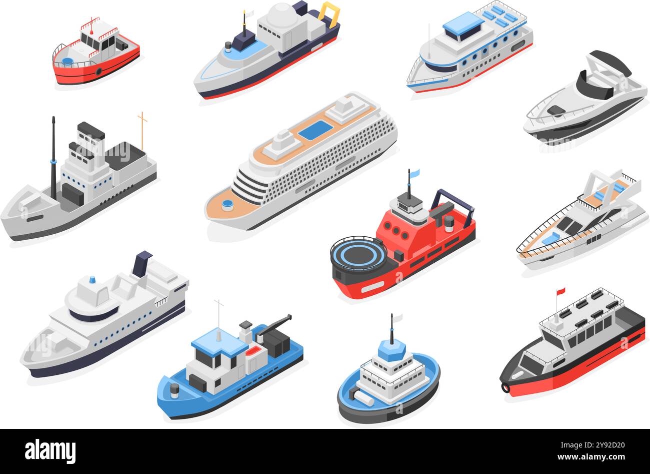 Isometric sea ships. Passengers cargo military 3d vessels. Sea logistic transport, ocean travel ...