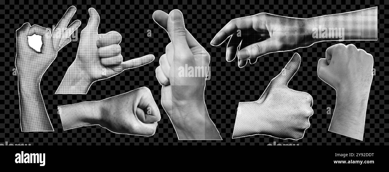 Halftone collage hands. Y2k collage design. Vector elements in pop art ...