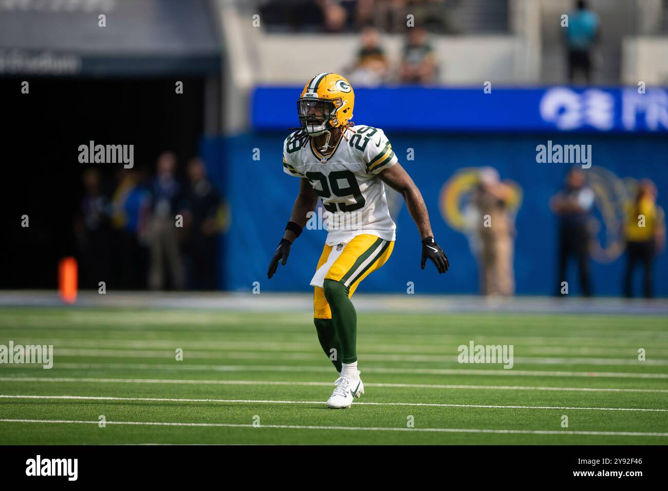 Green Bay Packers safety Xavier McKinney (29) takes his stance during an NFL football game ...
