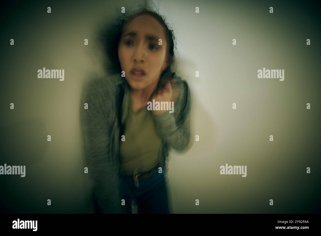 Anxiety, bipolar and fear with woman in asylum for mental health or ...