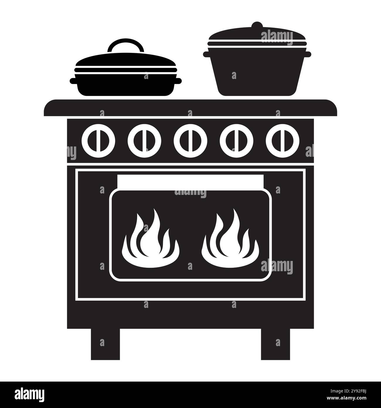 A stylish black silhouette of a classic kitchen stove featuring pots on ...