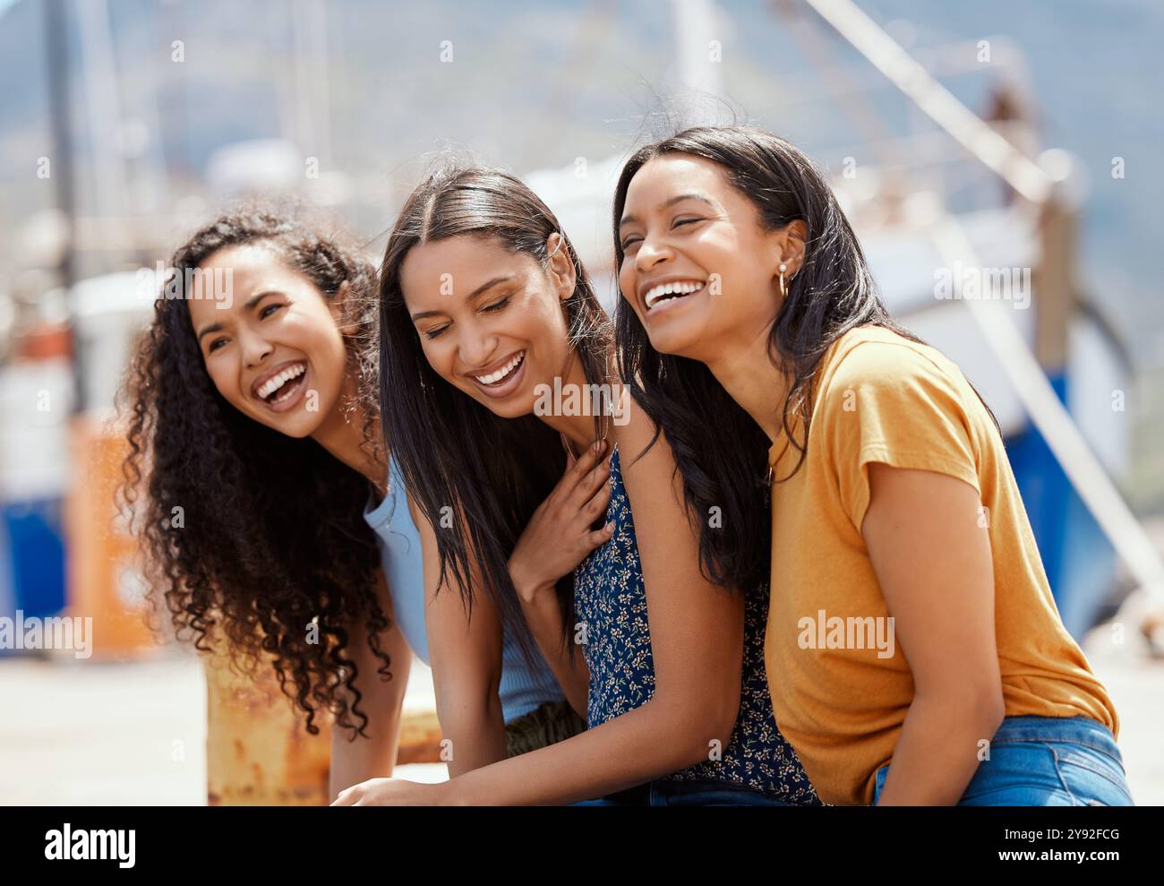 People, laughing and outdoor communication on vacation, reunion and ...