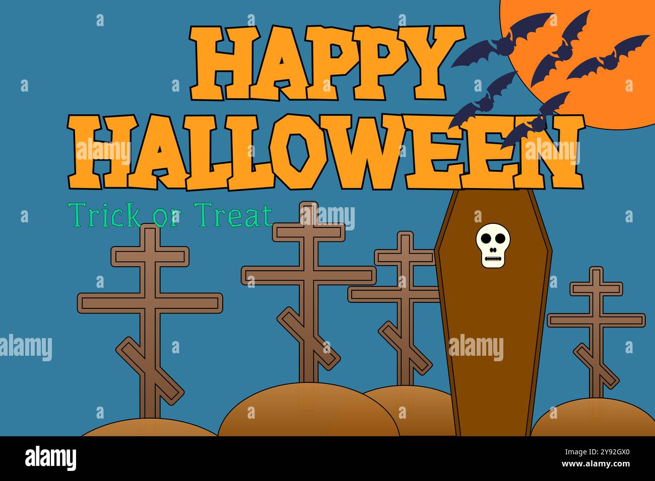 Illustration of a spooky Halloween scene with a coffin, crosses ...