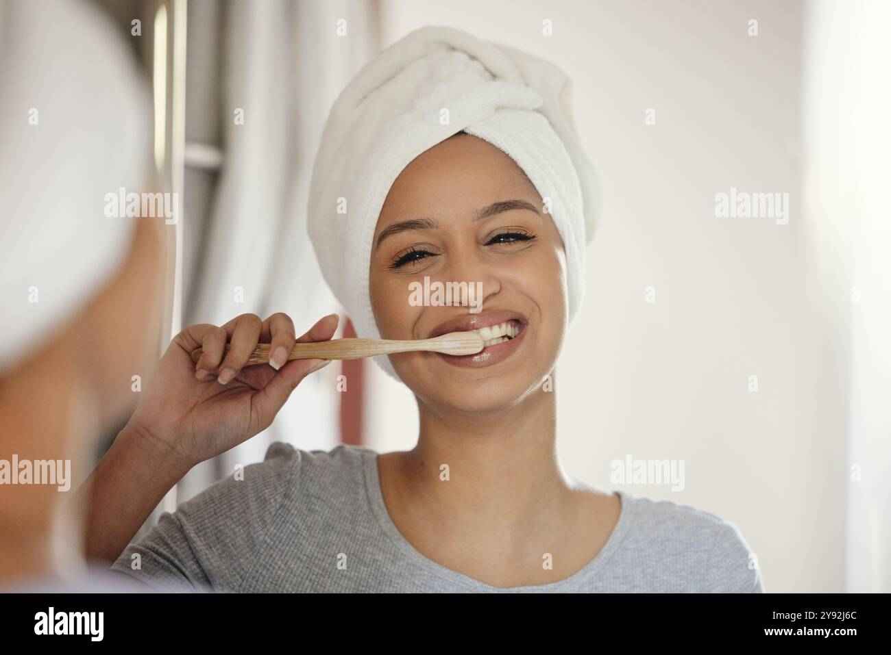 Woman, happy and brushing teeth in home for dental, personal hygiene or ...
