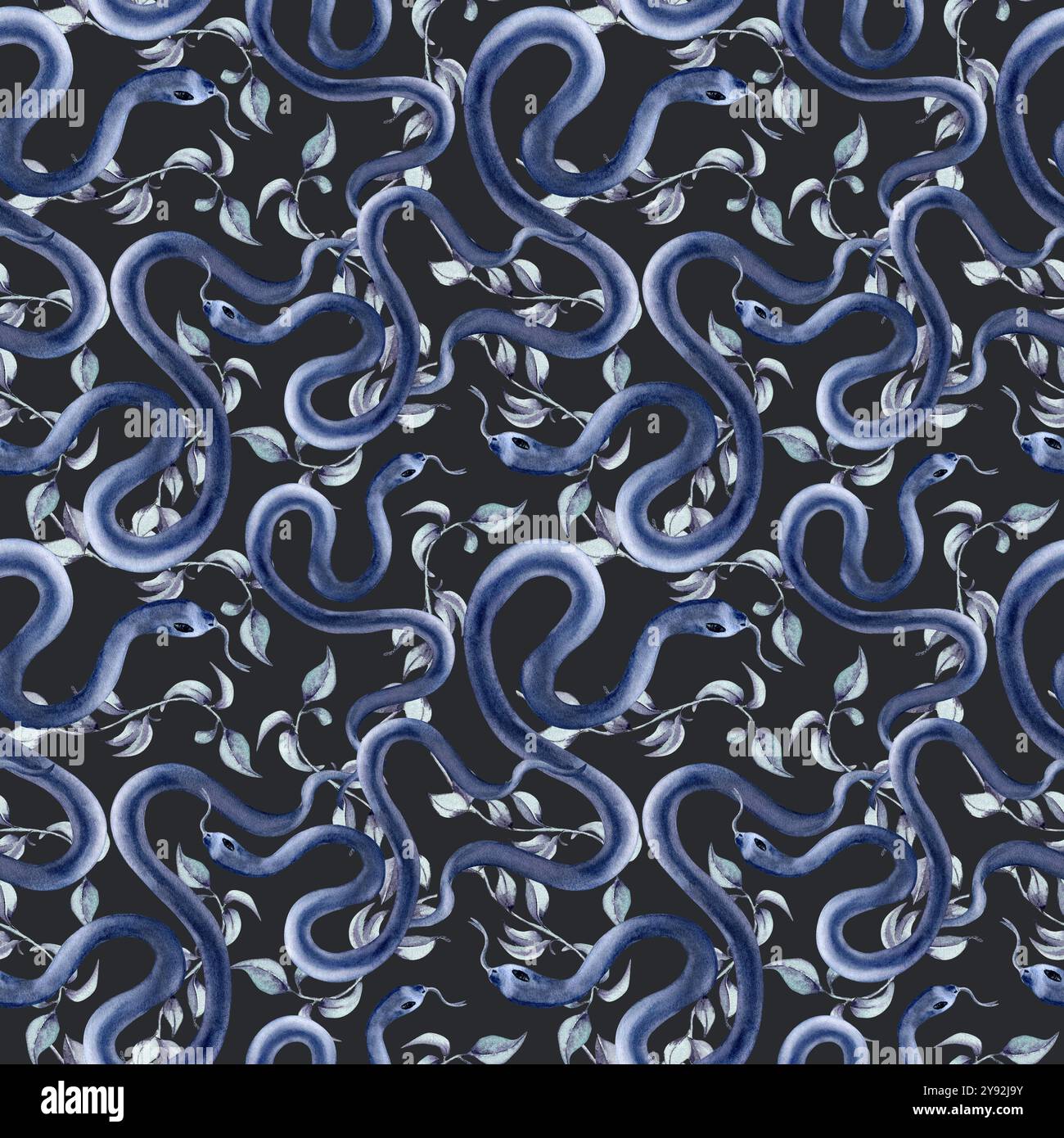 Dark blue snakes twist with delicate leaves watercolor monochrome ...