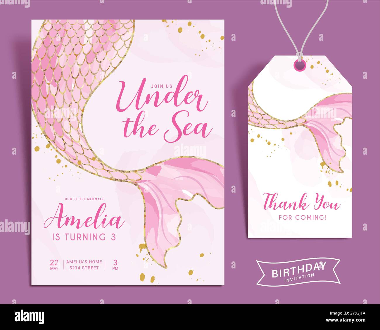 Birthday mermaid invitation vector set design. Invitation card and ...
