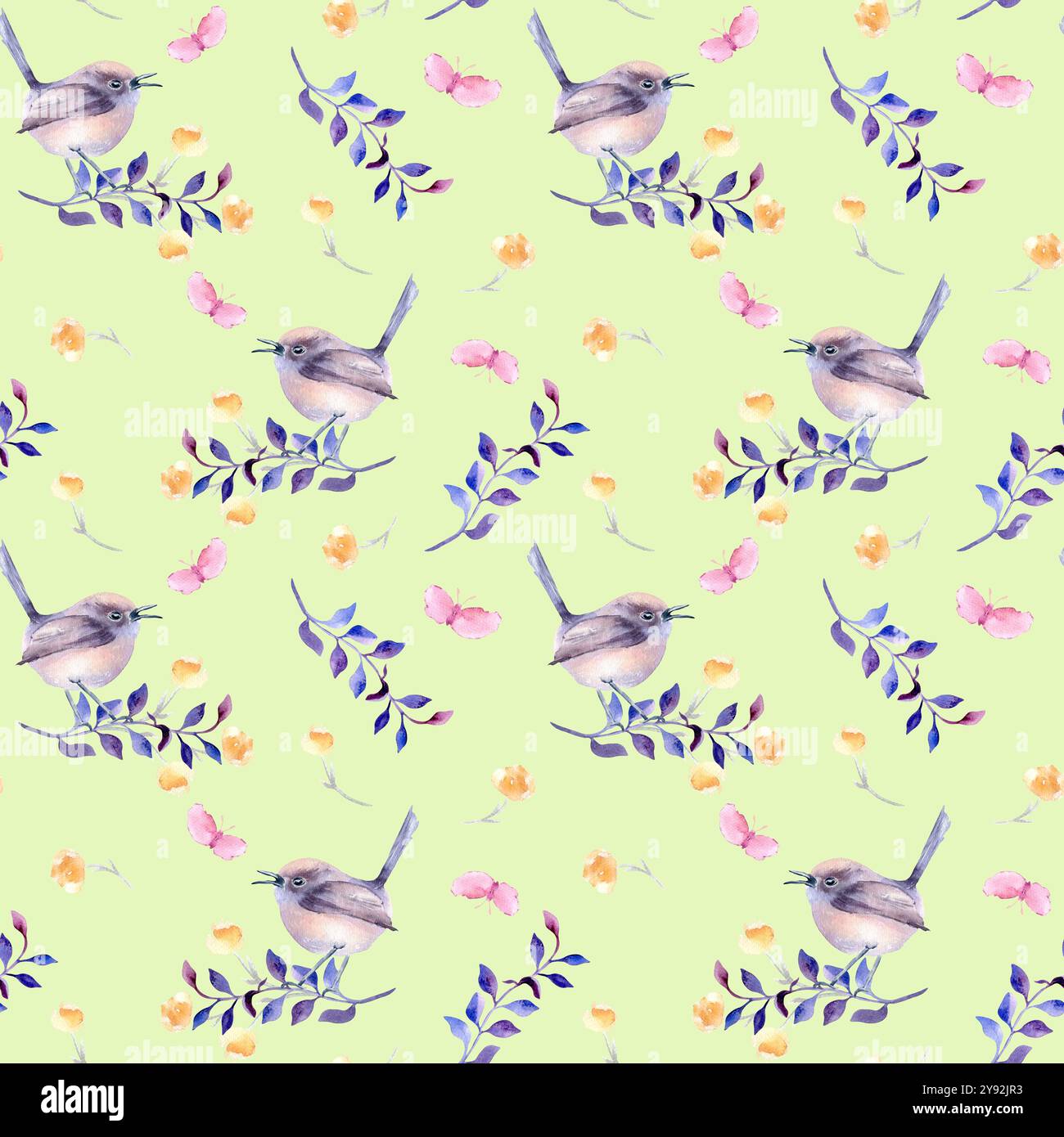 Small round bird in pastel purples on branch watercolor seamless ...