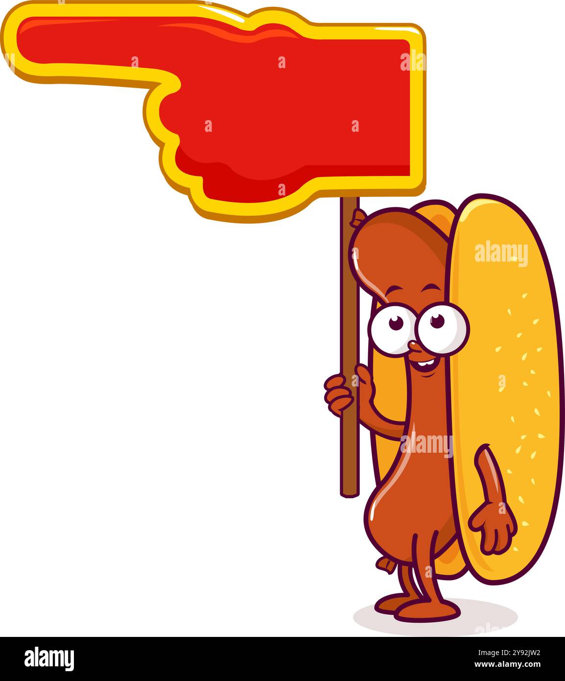 Cartoon hot dog character holding blank pointing finger hand sign. Fast ...