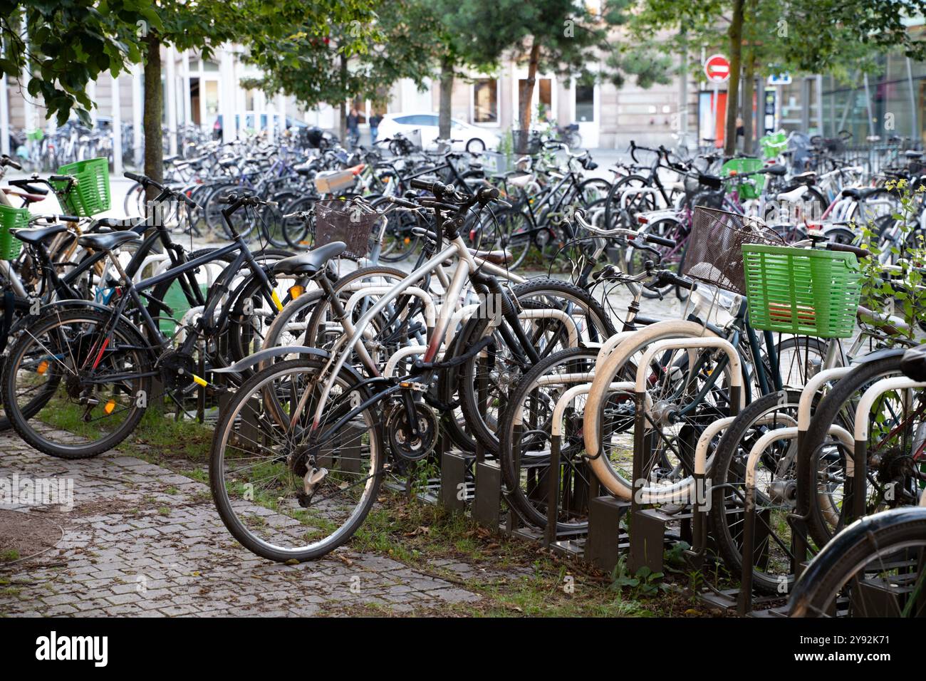 A crowded urban bicycle parking area showcasing eco-friendly ...