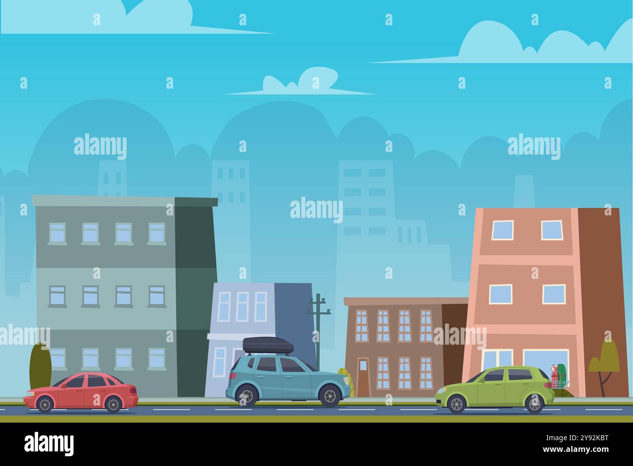 city outdoor. urban landscape background with houses and cars driving ...